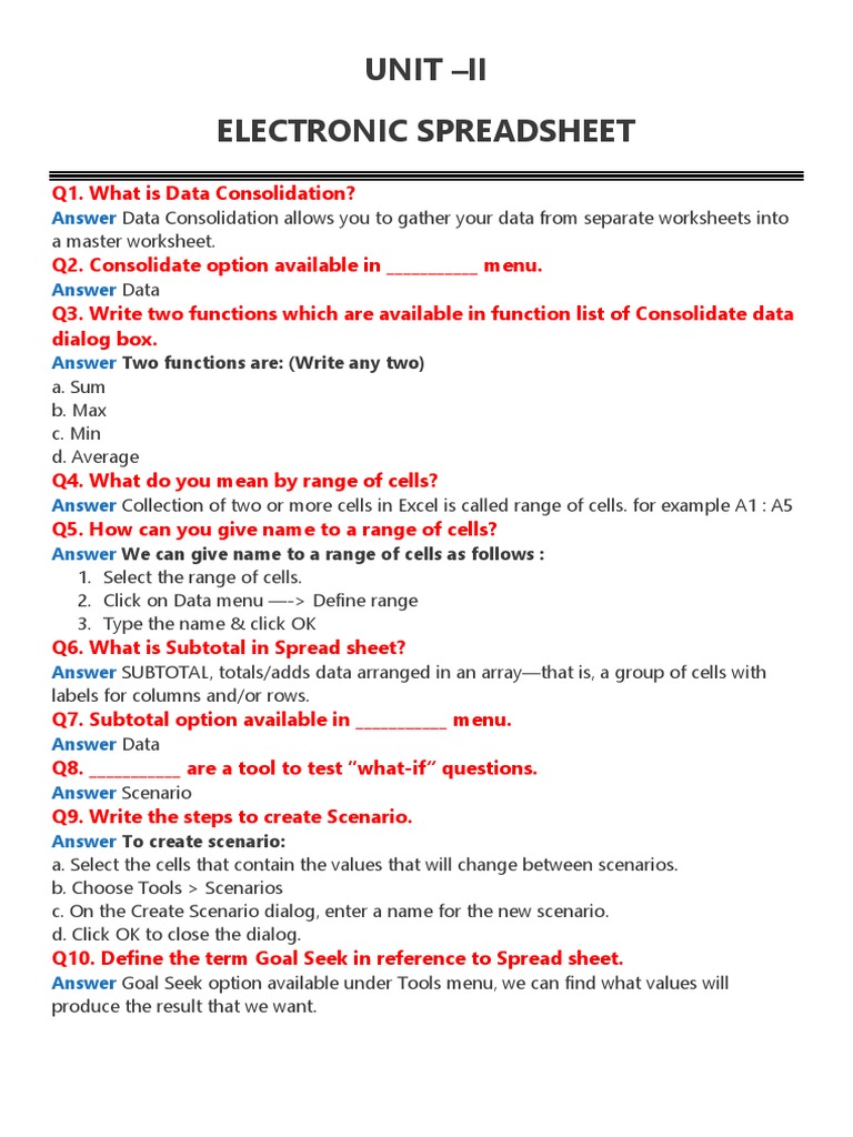 Unit Ii Electronic Spreadsheet | PDF | Spreadsheet | Worksheet