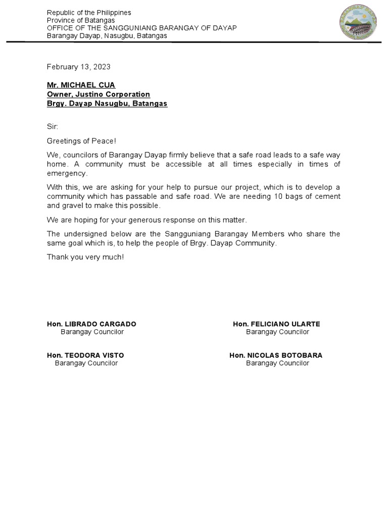 Barangay Letter For Donation2 | PDF