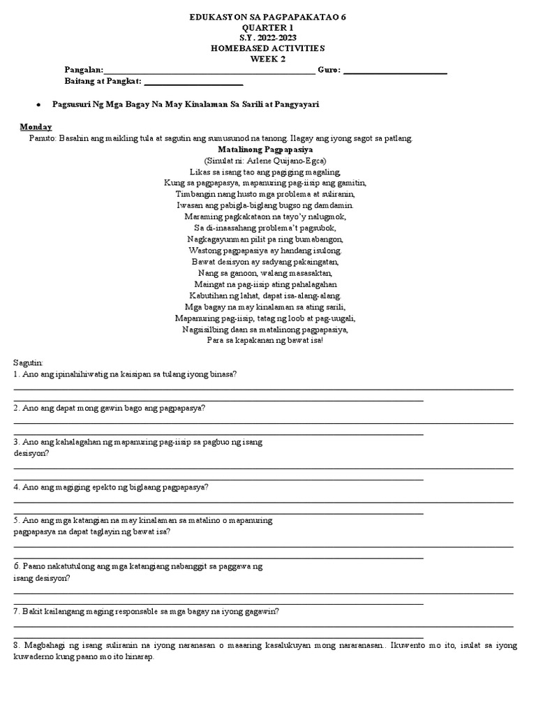 Homebased Activities Week 2 Esp 6 | PDF