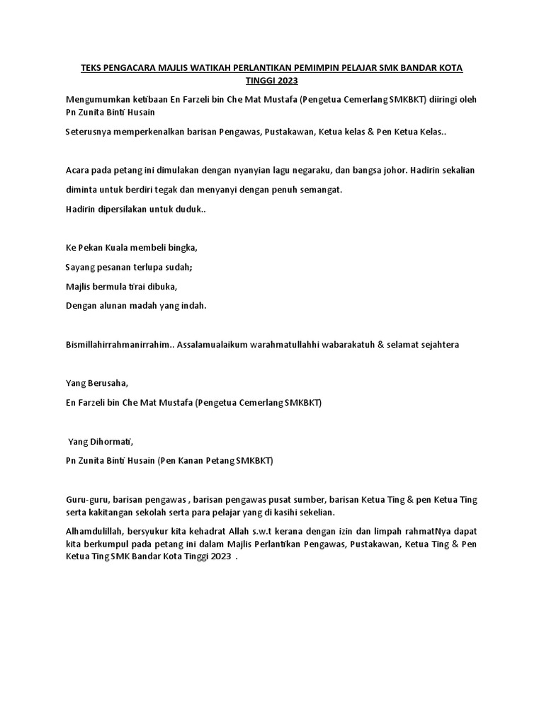 Teks Pengacara Majlis Watikah Perlantikan 2023 | PDF