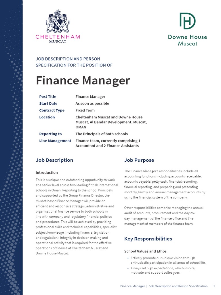 Finance Manager JD & Person Specification | PDF | Bookkeeping | Business