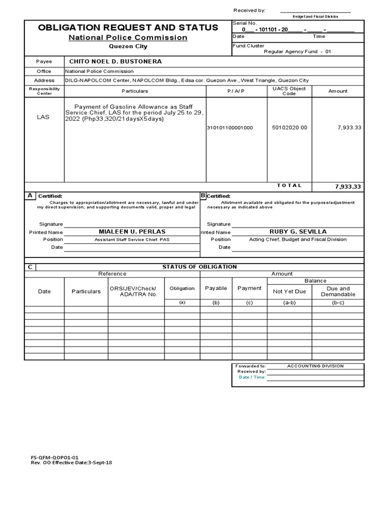 Obligation Request and Status Form | PDF | Payments | Cheque