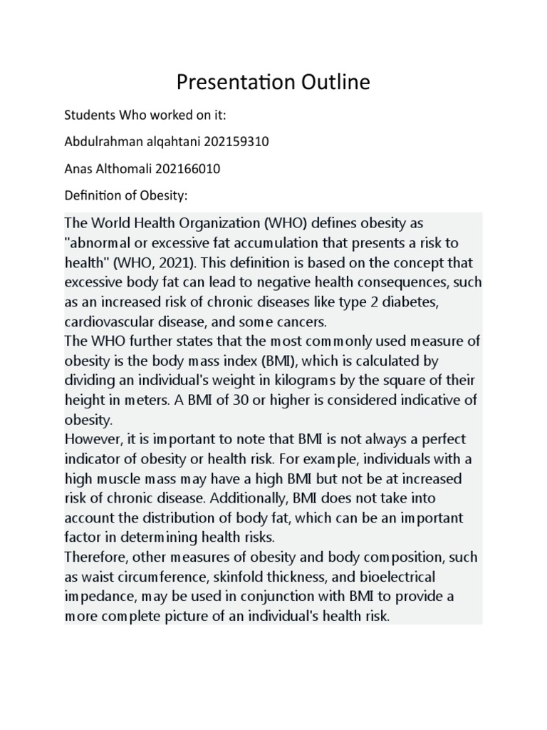 Presentation Outline Obesity | PDF | Obesity | Body Mass Index