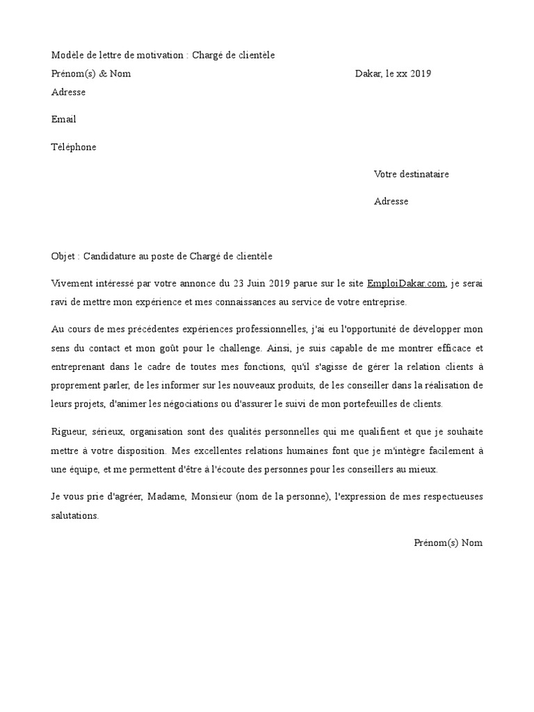 Modèle de Lettre de Motivation Chargé de Clientèle | PDF