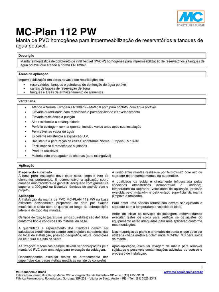 Ficha Técnica MC-Plan 112 PW | PDF | Cloreto de polivinila (PVC) | Materiais