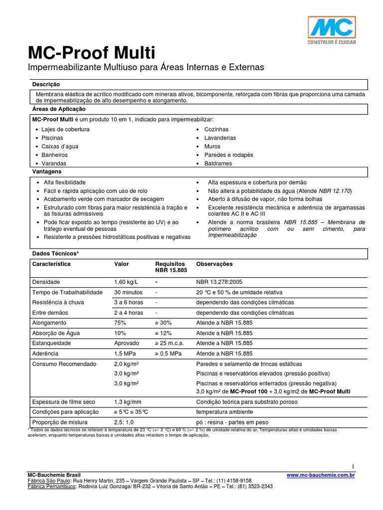 Ficha Técnica MC-Proof Multi | PDF | Argamassa (alvenaria) | Mistura