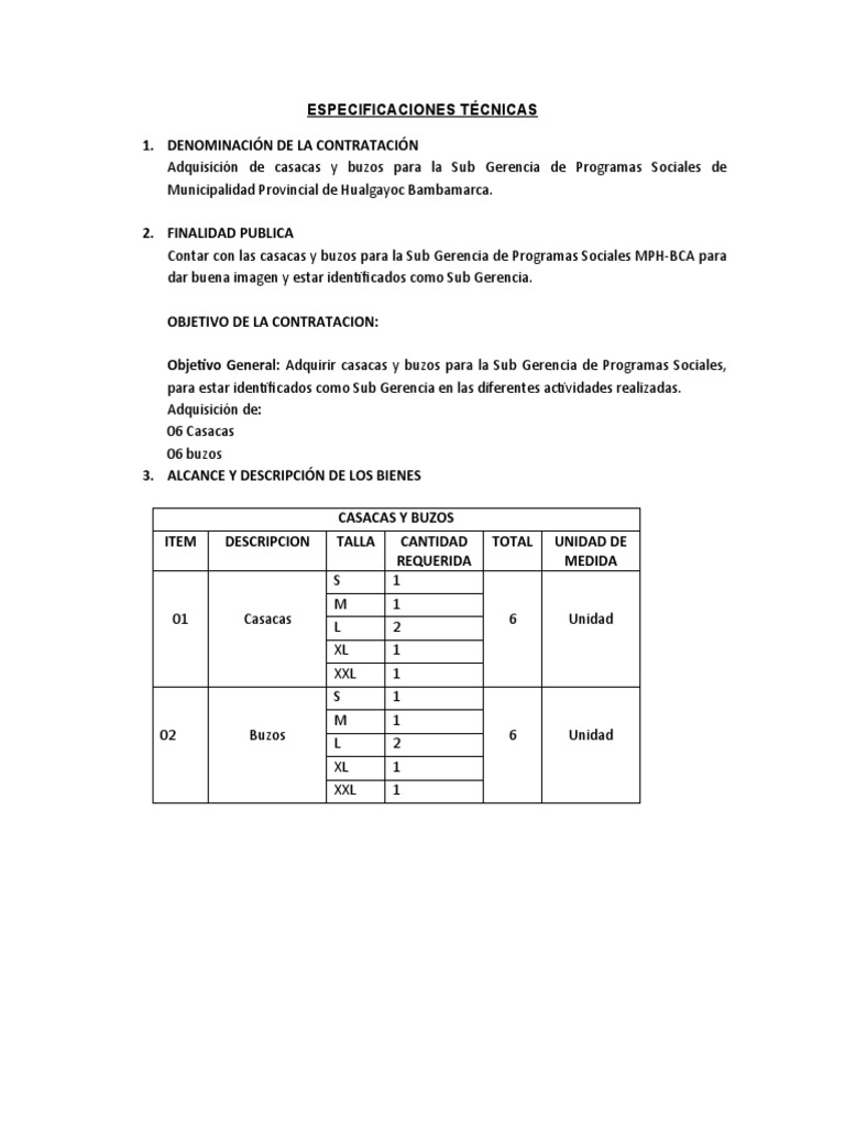 ESPECIFICACIONES TECNICA CASACAS Y BUZOS (1) | PDF