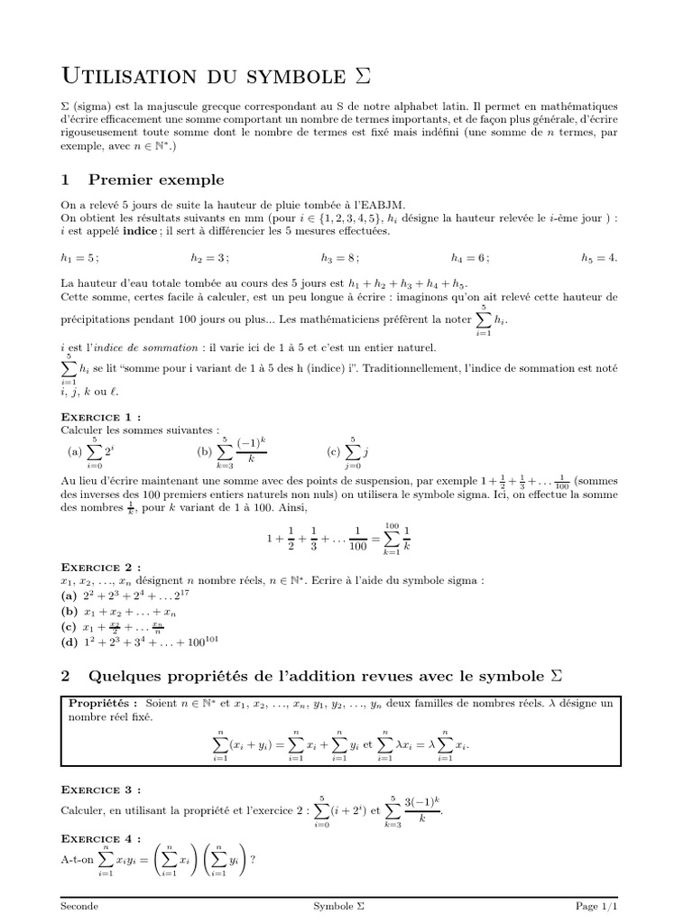 Introduction au symbole Σ en mathématiques | PDF | Somme (arithmétique ...