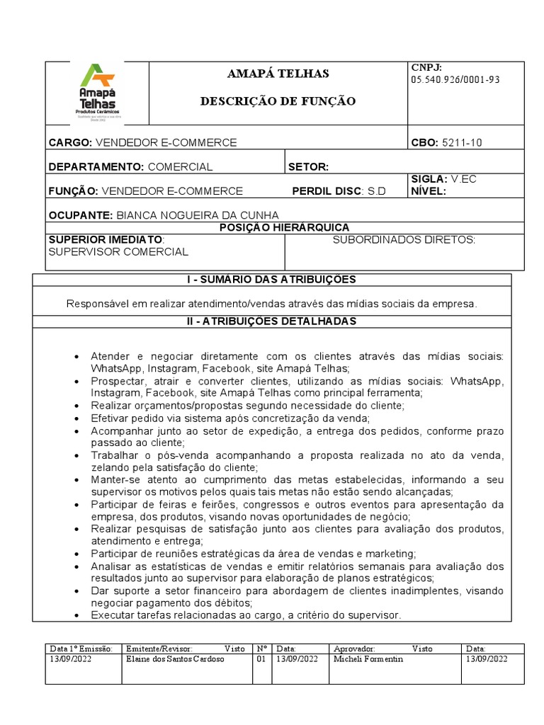Vaga de Vendedor E-commerce Amapá Telhas | PDF | E-commerce | Business