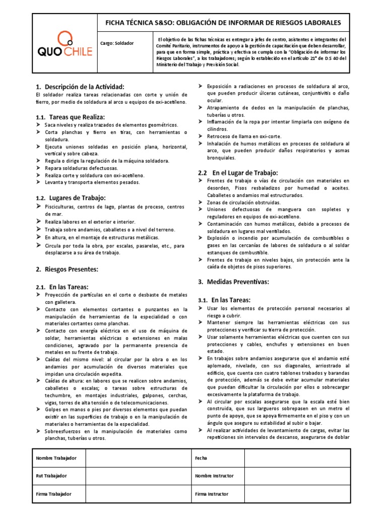 Ficha ODI - Soldador - Formato | PDF