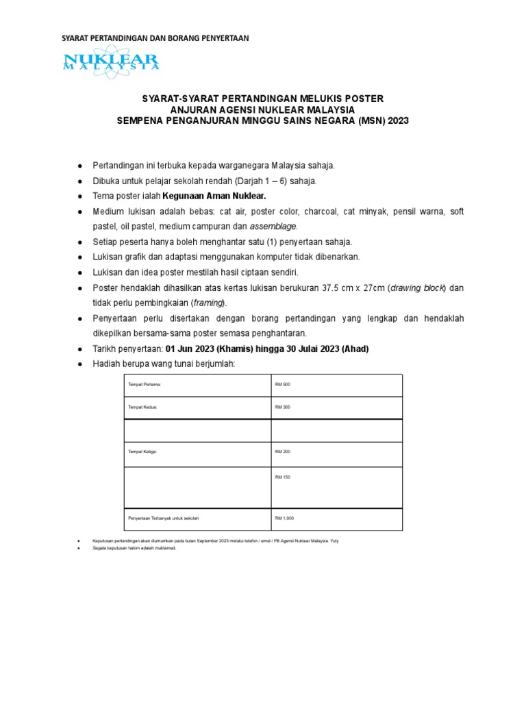 Syarat Pertandingan Borang Penyertaan Melukis Poster Sains 2023 | PDF