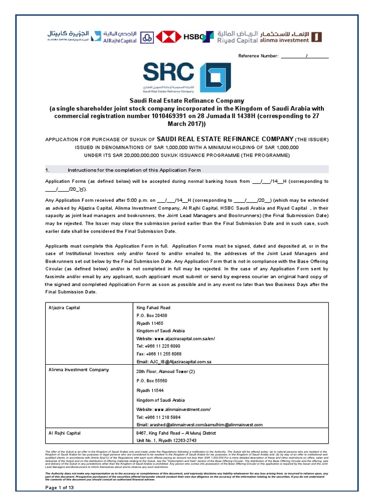 SRC Sukuk Issuance - Investor Application Form | PDF