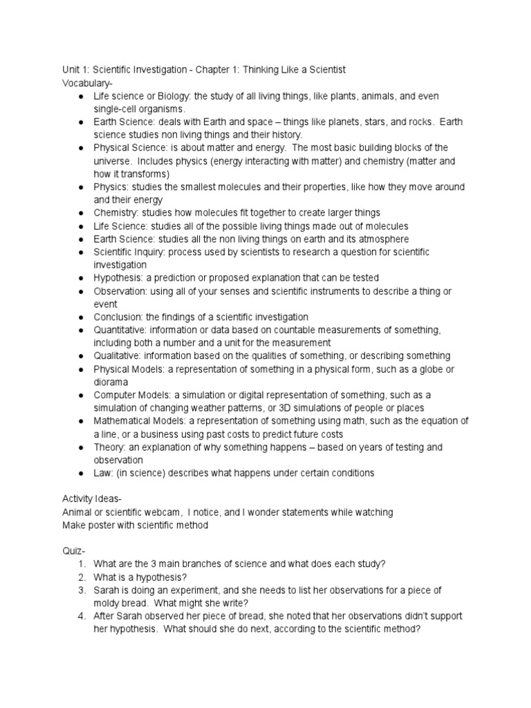 Unit 1 Scientific Investigation - Chapter 1 Thinking Like A Scientist ...
