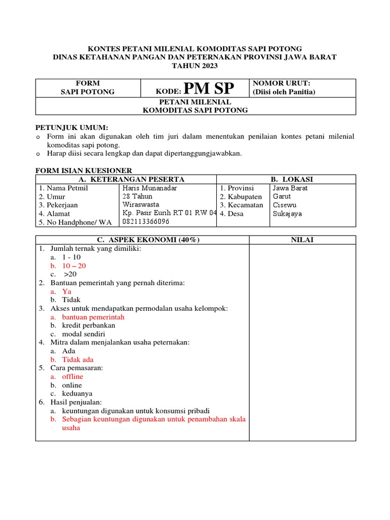 Form Kontes Petani Milenial Komoditas Sapi Potong | PDF