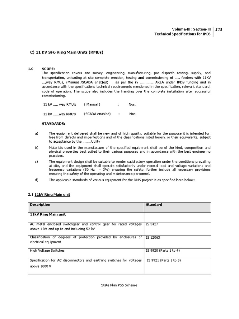 11 kV SF6 Ring Main Unit Specifications | PDF | Switch | Relay