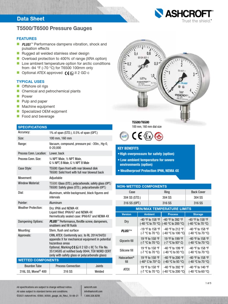 Ashcroft Manometros T5500 6500 Datasheet-T5500-6500-Pressure-Gauges | PDF | Pressure Measurement ...