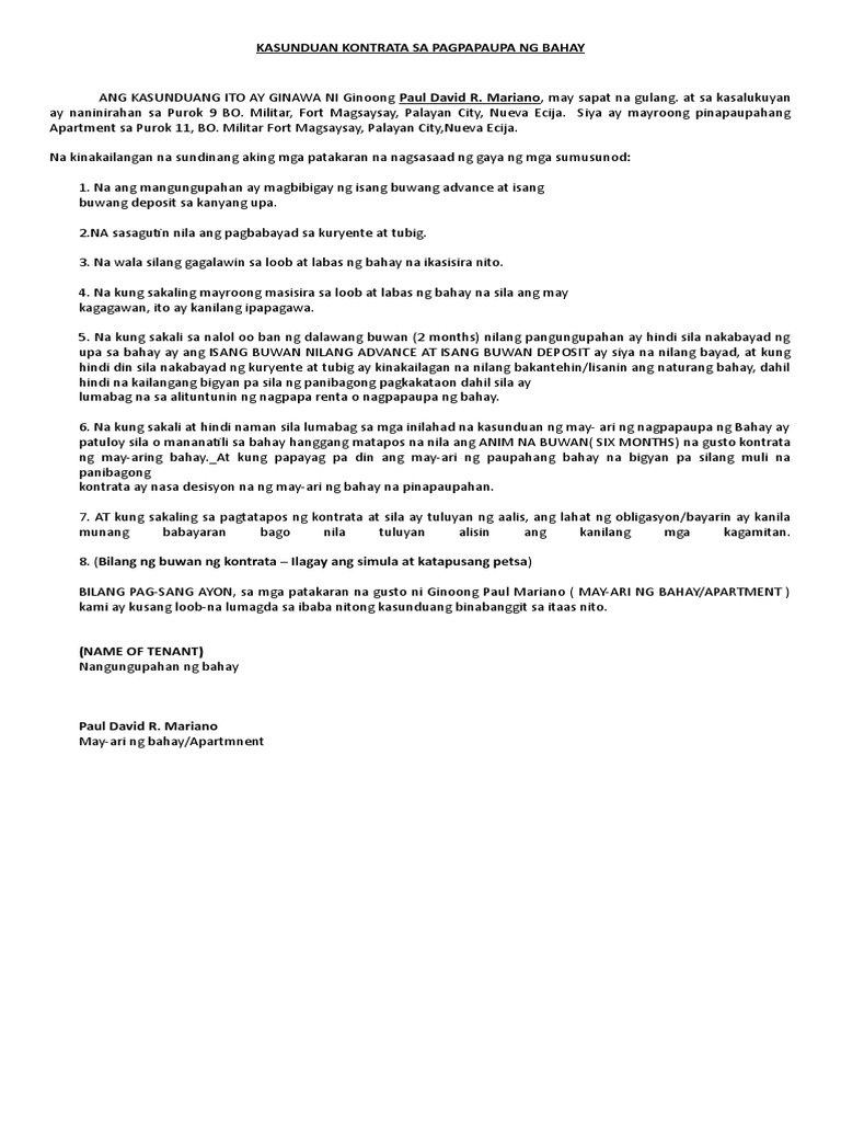 Kasunduan Kontrata Sa Pagpapaupa NG Bahay | PDF