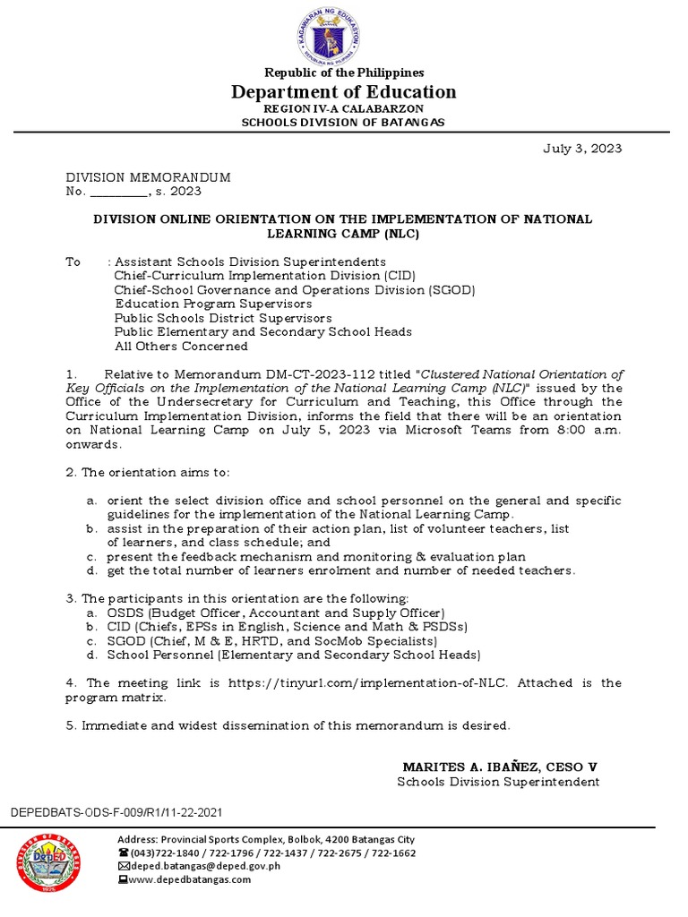 Memo Orientation For NLC Camp 1 | PDF