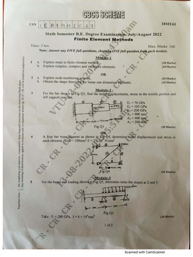 VTU Exam Question Paper With Solution of 18ME61 Finite Element Methods Aug-2022-Prashant S ...