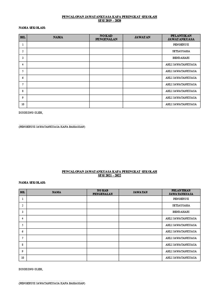 Borang Ajk Kafa Sekolah | PDF