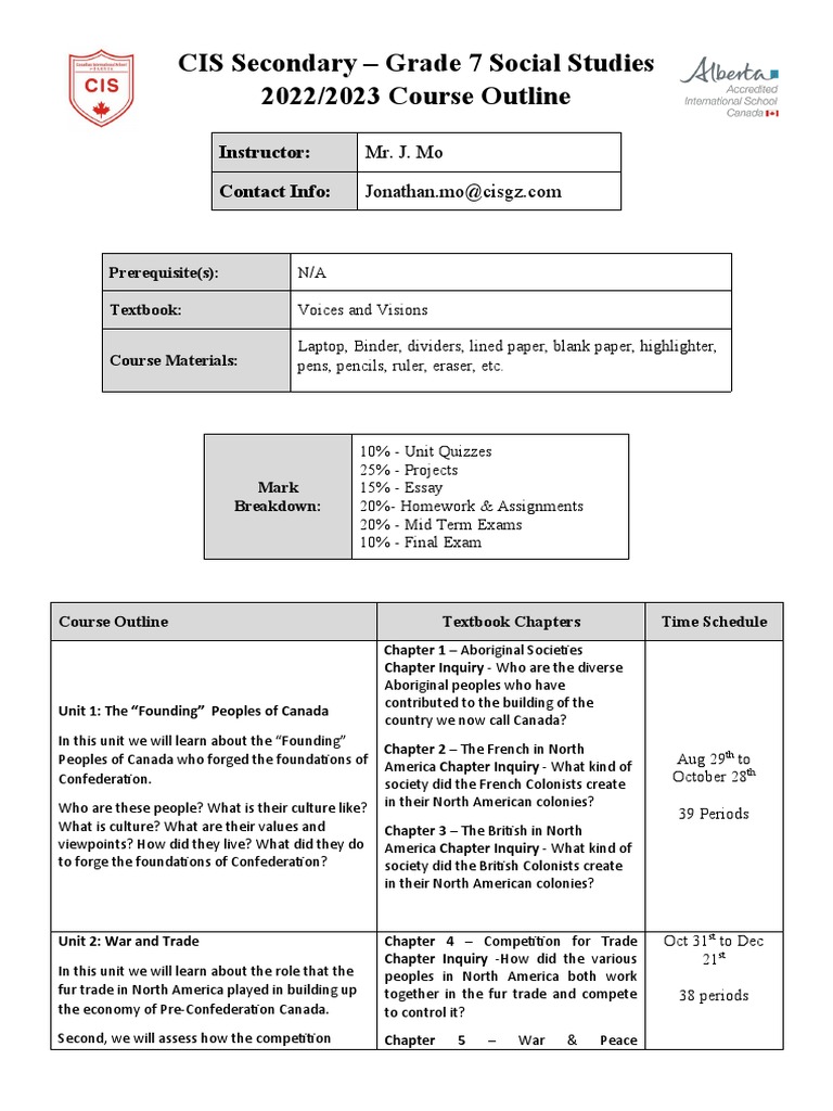 2022-2023 Secondary Course Outline Grade 7 Social Studies | PDF | Métis ...