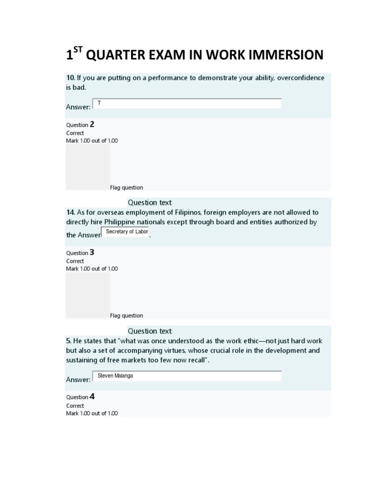 1ST Quarter Exam in Work Immersion | PDF | Job Interview | Employment