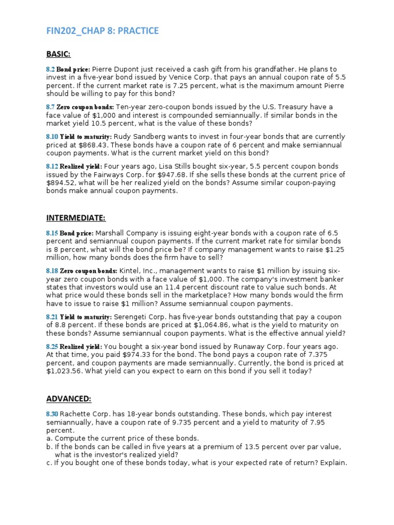 FIN202 Chap-8 Selected-Exercises | PDF | Bonds (Finance) | Yield (Finance)