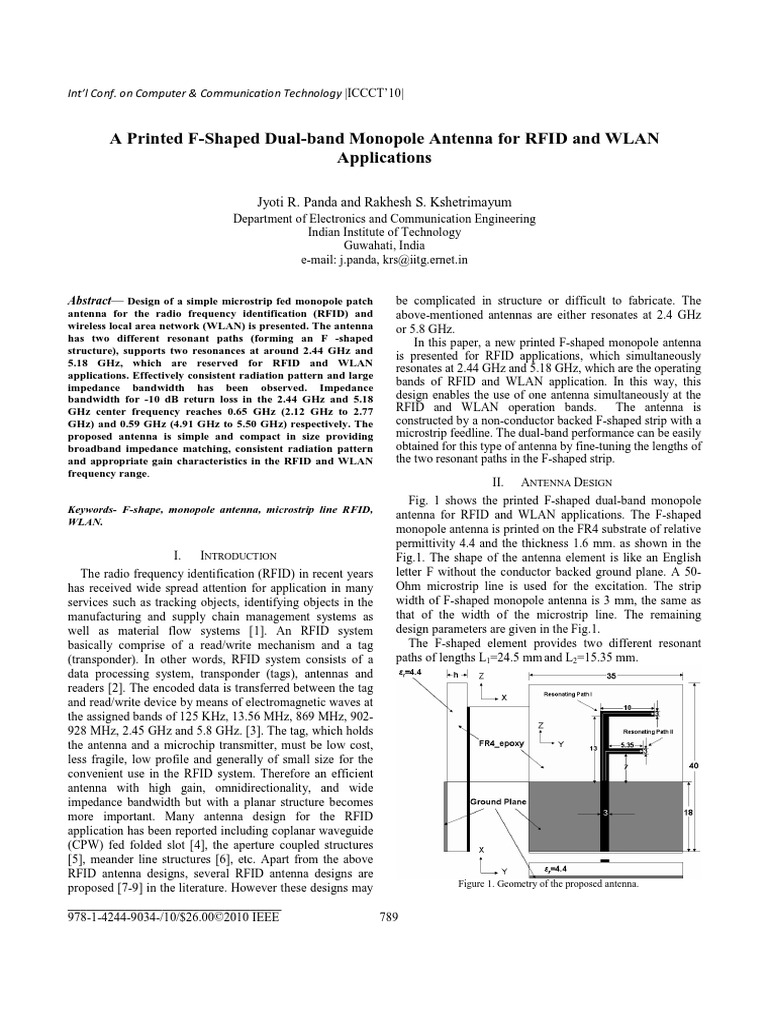 F Shaped Dual Band Monopole Antenna For RFID and WLAN Application | PDF | Antenna (Radio ...