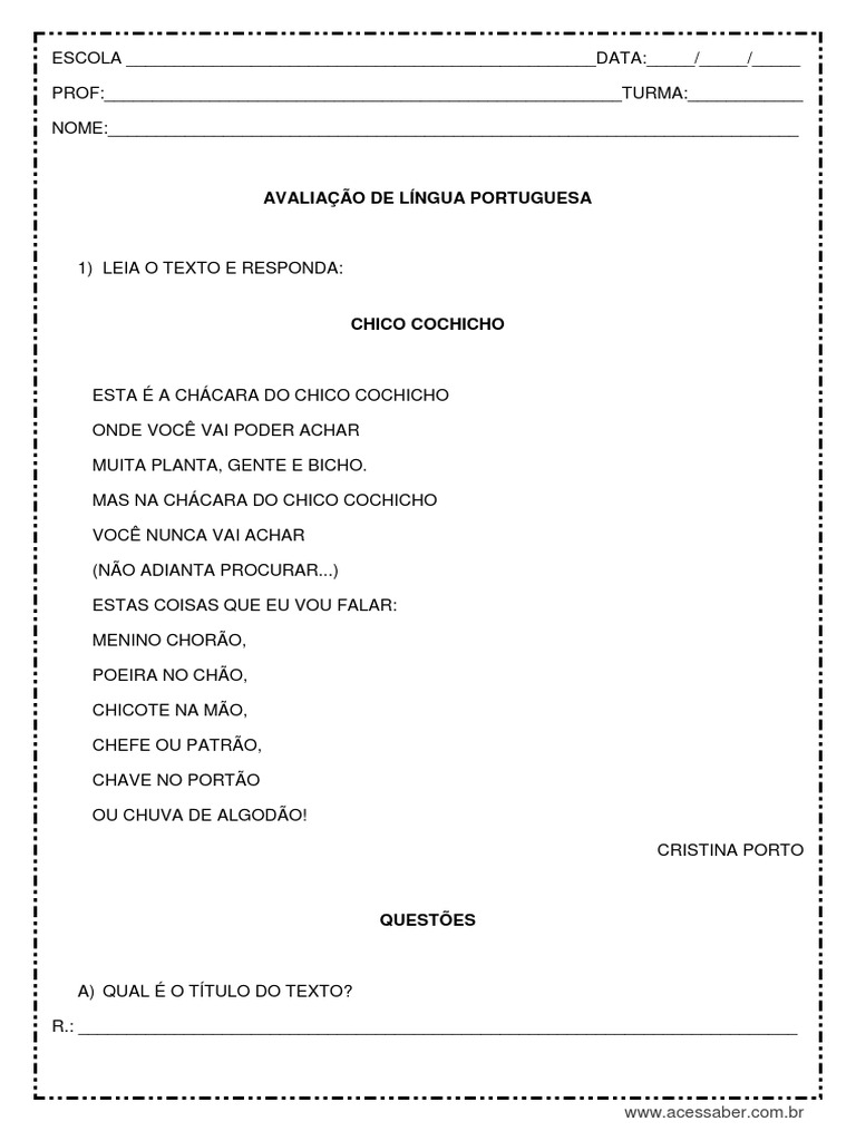 Atividades de Português: Chico Cochicho | PDF