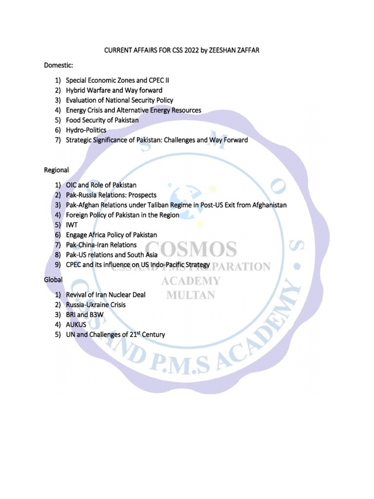Current Affairs Outlines For CSS 2022 by Zeeshan Zaffar | PDF