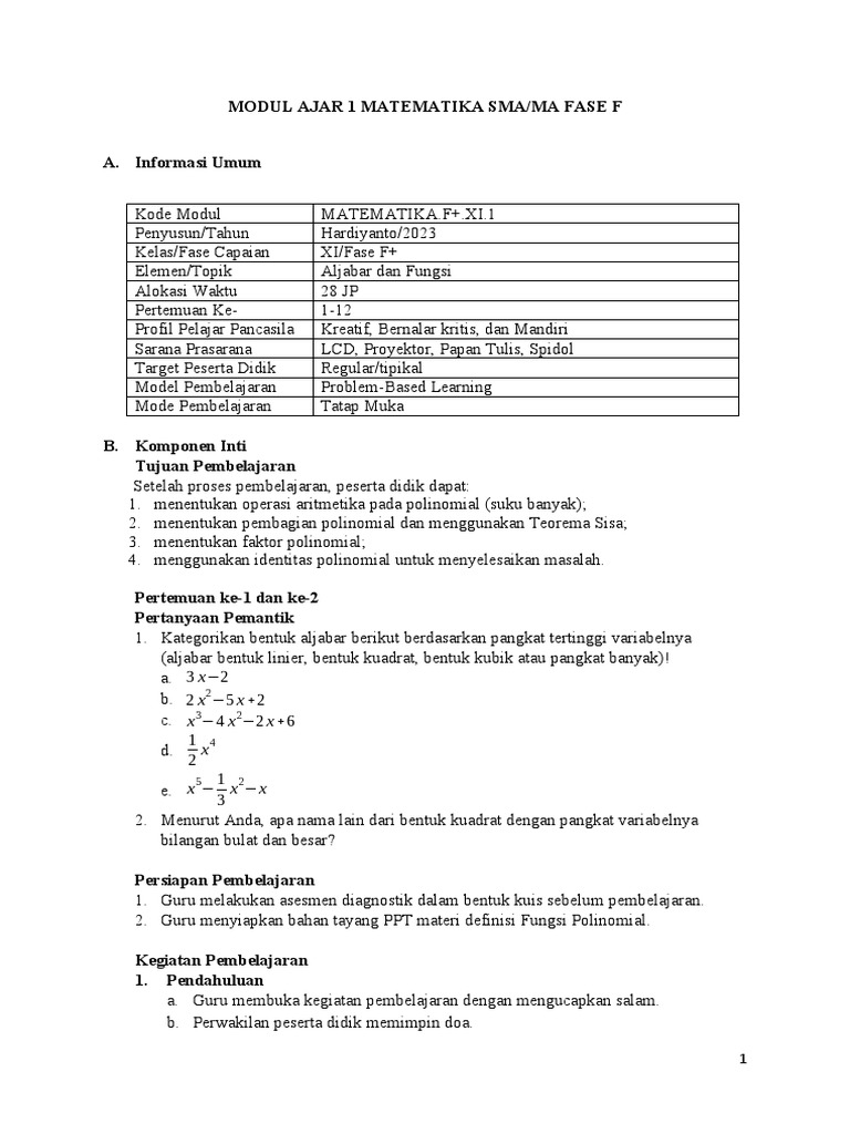 Modul Ajar 1 Matematika Sma Fase F+ | PDF | Karier & Perkembangan | Metode & Bahan Ajar