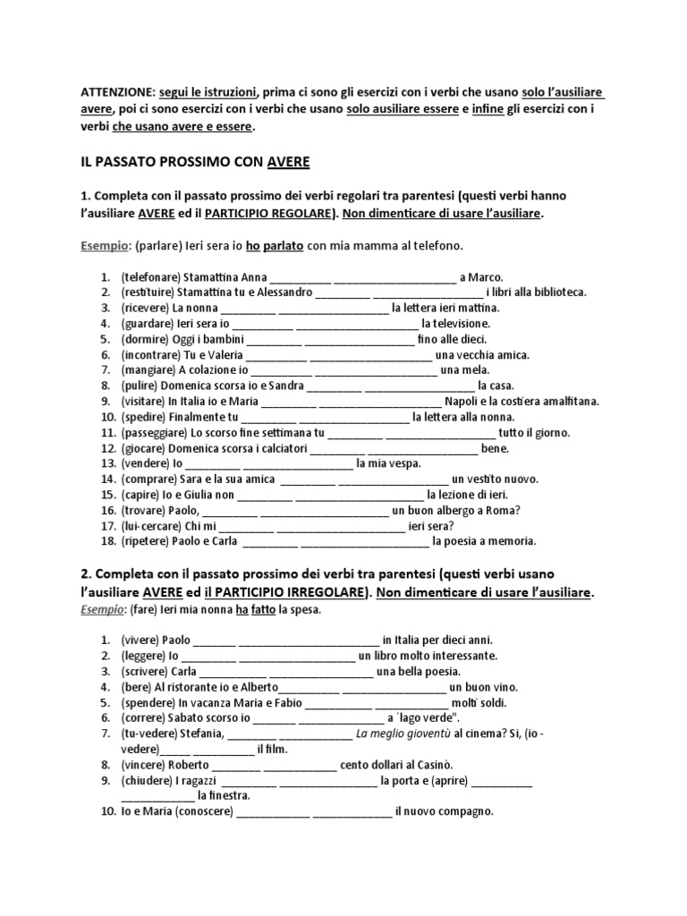 Esercizi Di Ripasso Sul PASSATO PROSSIMO | PDF