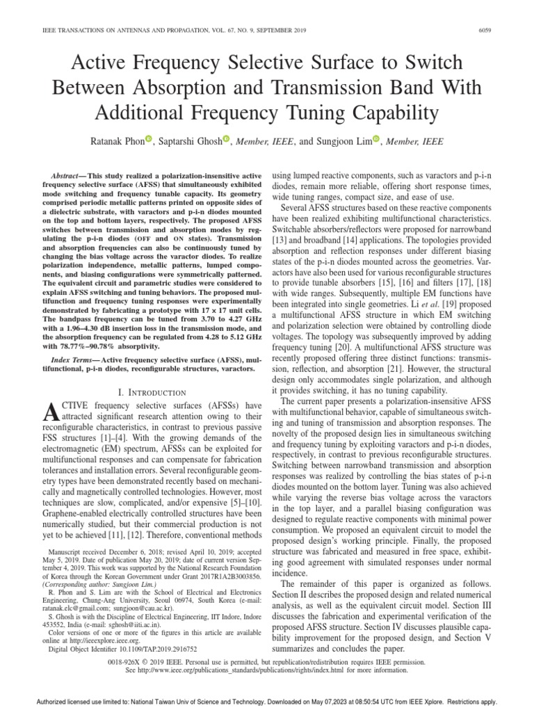 Active Frequency Selective Surface To Switch Between Absorption and ... Active Frequency Selective Surface To Switch Between Absorption and ...