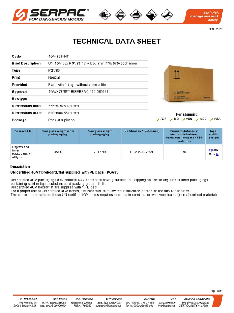 UN Certified 4GV Packaging Data Sheet | PDF | Packaging And Labeling ...