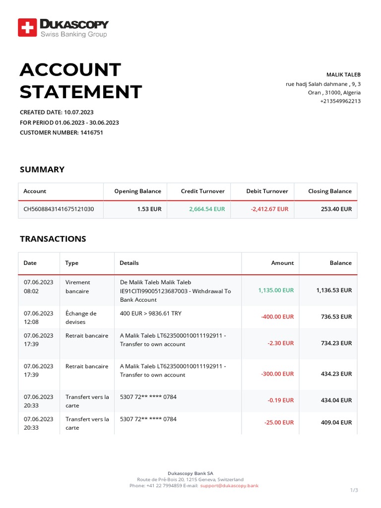 Account Statement (EUR, From 2023-06-01 To 2023-06-30) | PDF | Crédit ...