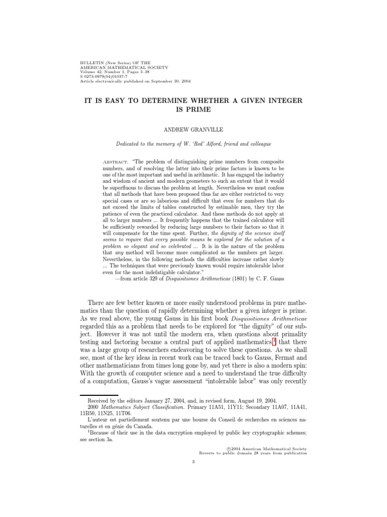 It Is Easy To Determine Whether A Given Integer Is Prime | PDF
