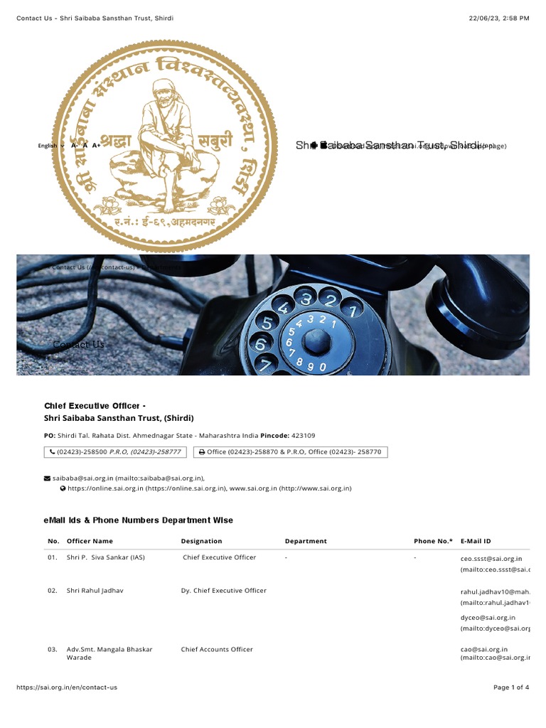 Shirdi Sai Baba Trust Contact Details | PDF