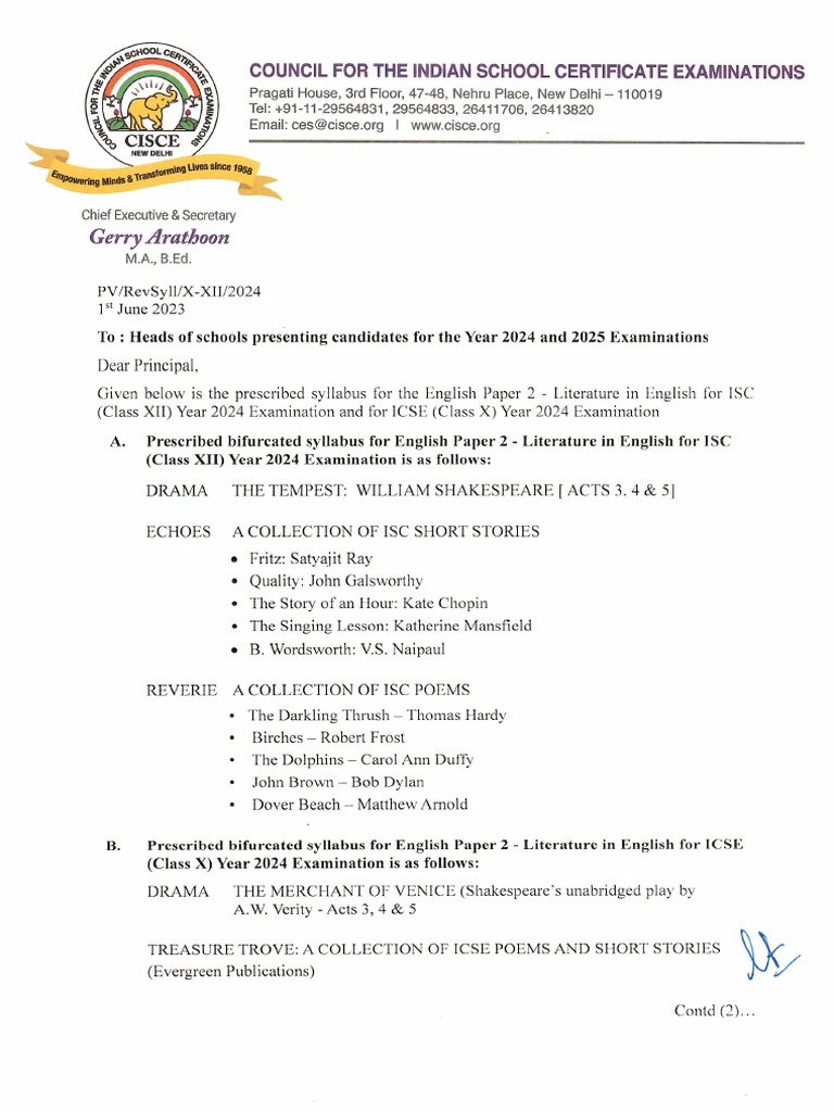 Prescribed Syllabus For English Paper 2 Literature in English For ...