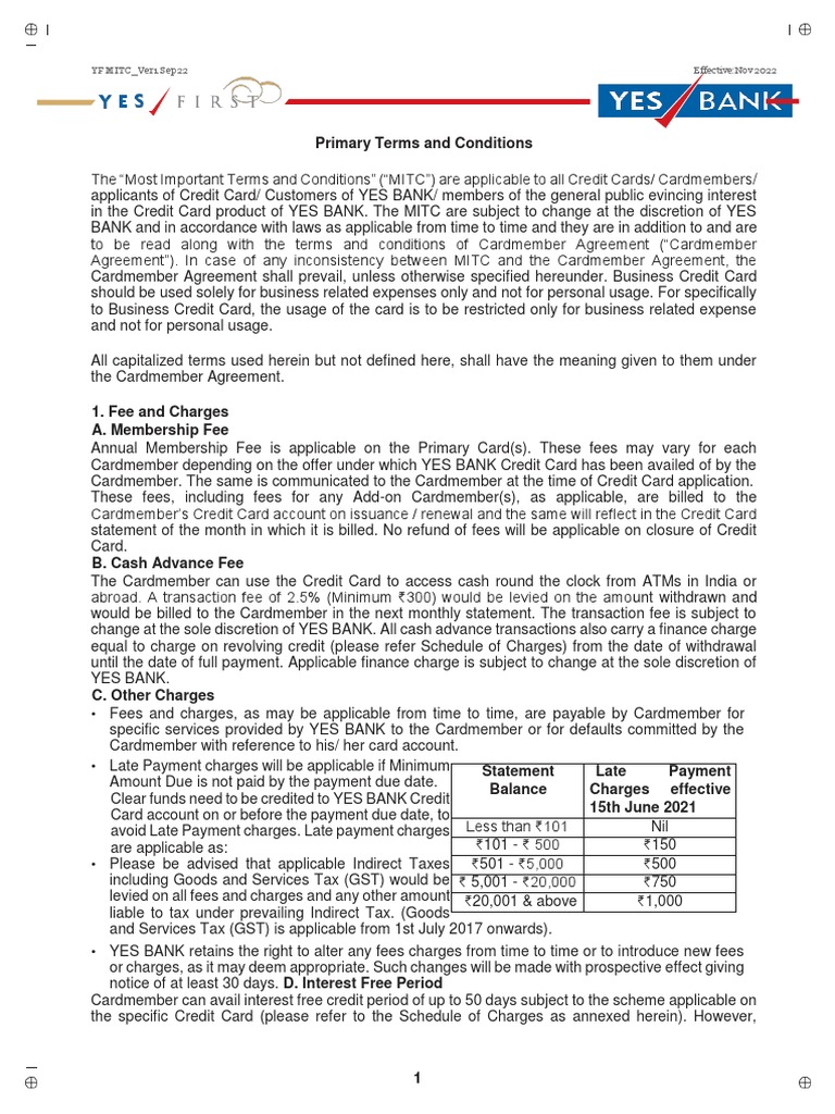 YES BANK Credit Card Terms & Charges | PDF | Credit Card | Banks