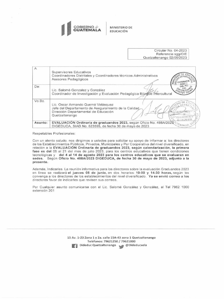 Oficio Circular No. 004-2023 02-06-2023 Eval Ordinaria DIGEDUCA PDF | PDF Oficio Circular No. 004-2023 02-06-2023 Eval Ordinaria DIGEDUCA PDF | PDF