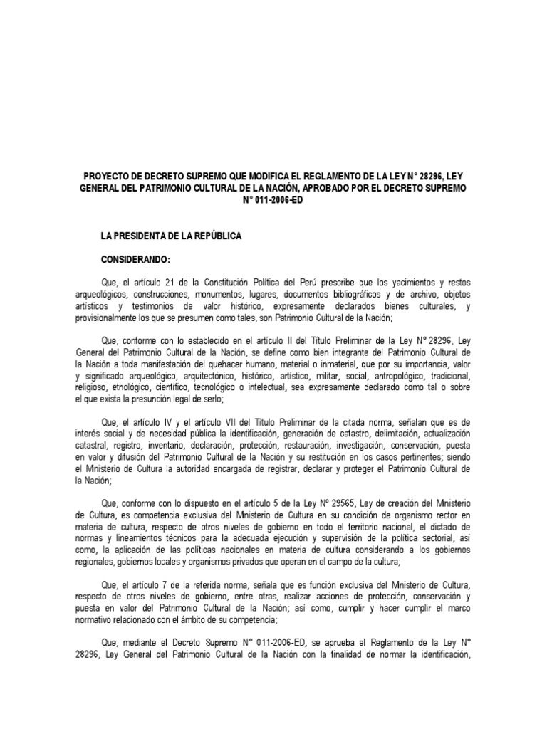 RM 265-2023-MC ANEXO I - Proyecto Reglamento Ley General de Patrimonio Culttural | PDF ...
