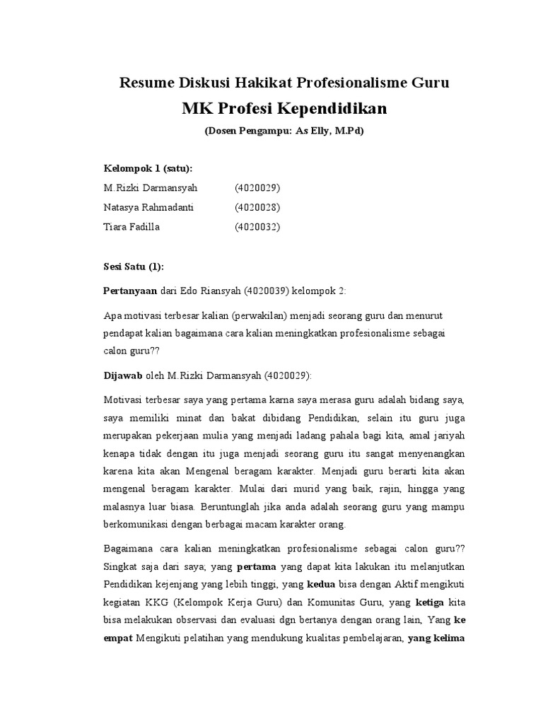 Resume Diskusi MK Profesi Kependidikan KEL.1 | PDF