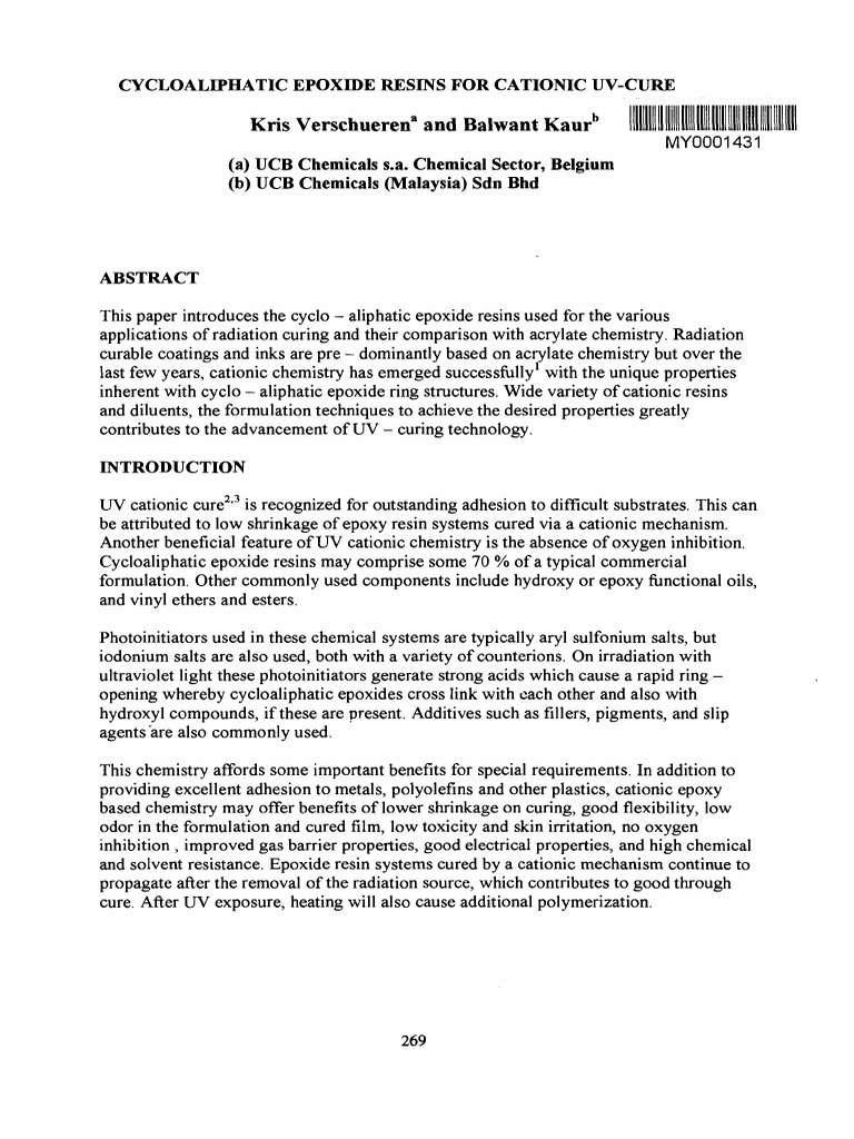 Kris Verschueren and Balwant Kaur I 111: Cycloaliphatic Epoxide Resins For Cationic Uv-Cure | PDF