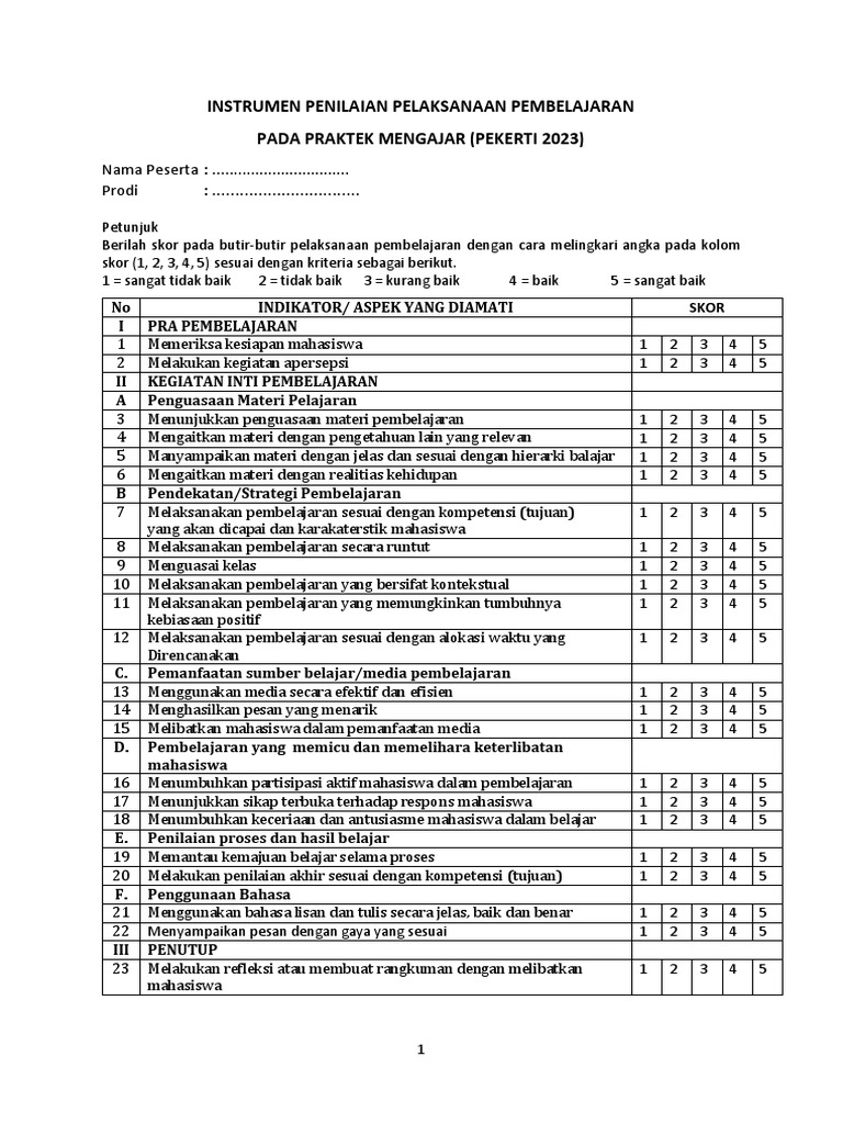 2 Rev - Instrumen Penilaian Praktek Mengajar - PEKERTI 2023 - LPSP | PDF