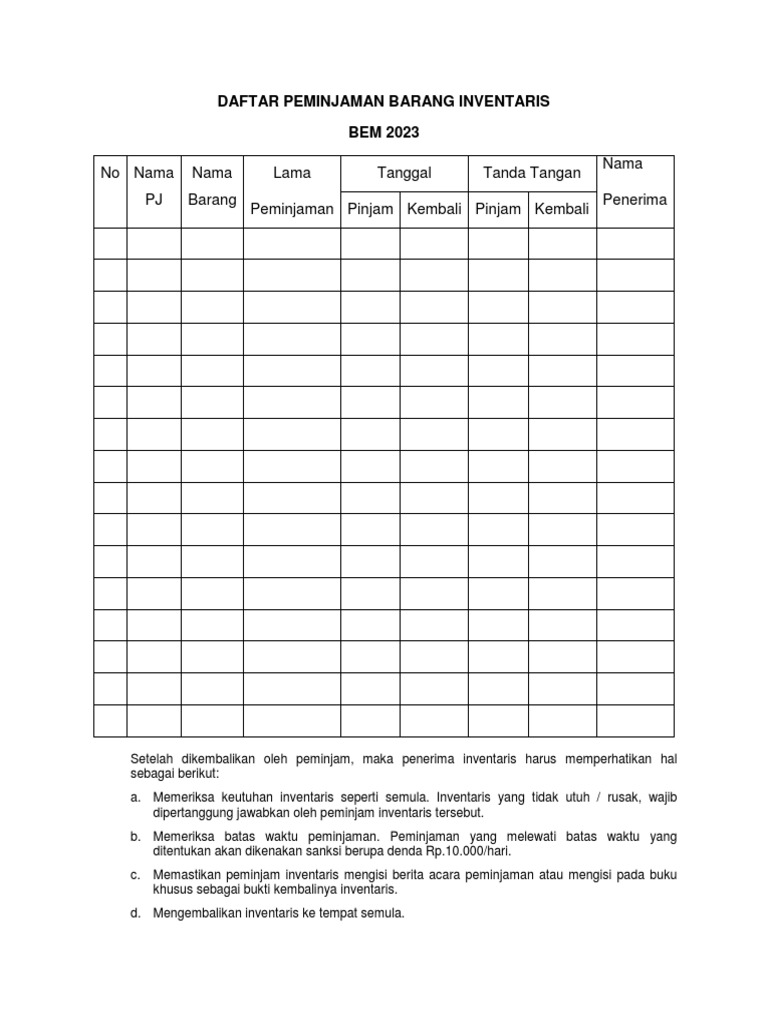 Format Peminjaman Barang Inventaris | PDF | Pengelolaan Keuangan & Uang