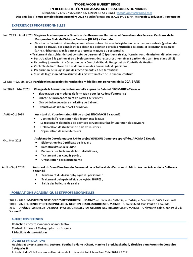 CV de Jacob Hubert Brice - Assistant RH | PDF