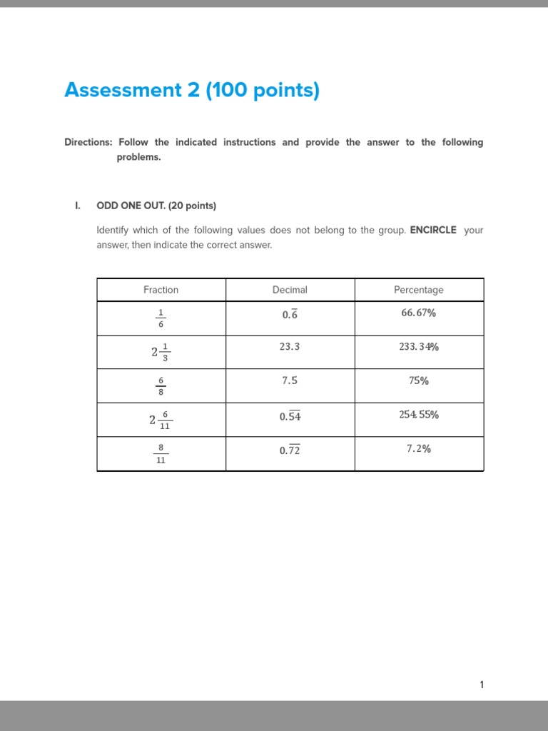 Math Assessment: Fractions, Decimals, Percentages | PDF