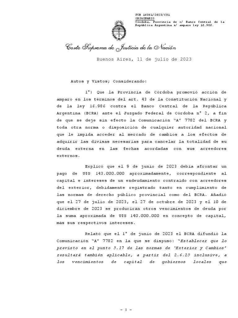 CSJN Córdoba Vs Bcra | PDF | Finanzas y dinero | Ciencias sociales