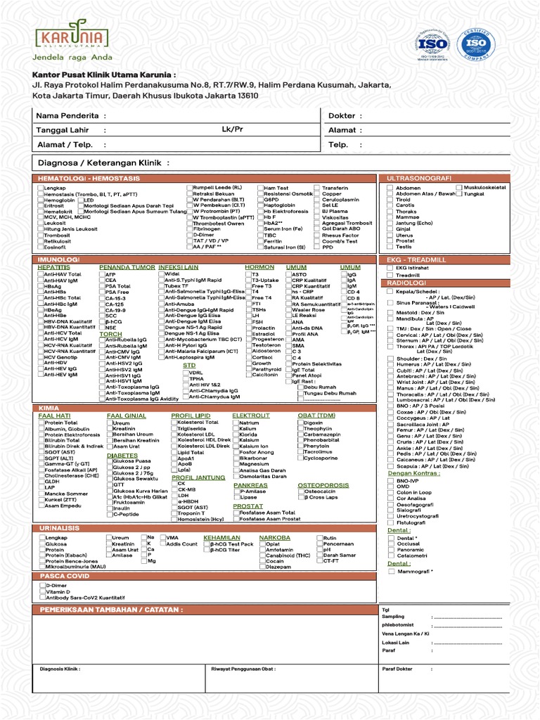 Form Pemeriksaan Laboratorium Klinik Utama Karunia | PDF