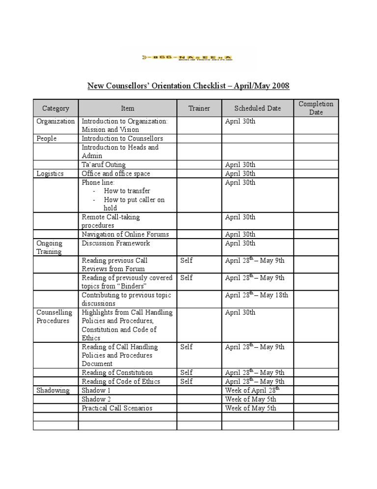 New Counsellors Training Checklist | PDF